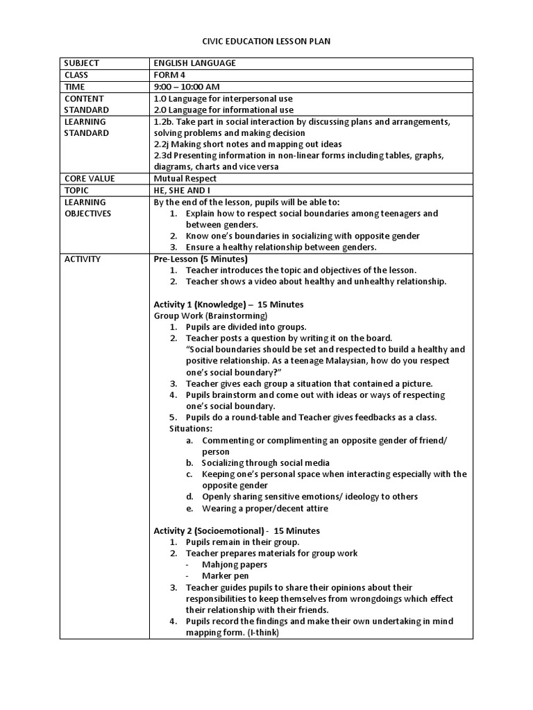 Civic Education Lesson Plan (Bi) | PDF | Lesson Plan | Gender