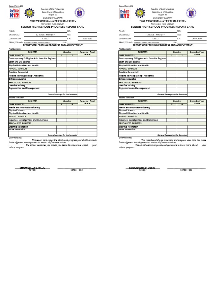 Senior High School Progress Report Card Senior High School Progress ...