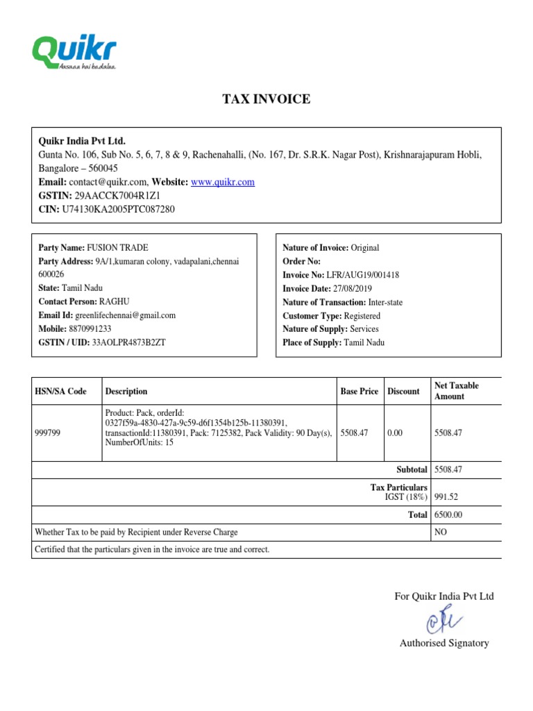 Tax Invoice: Quikr India PVT LTD | PDF | Taxation | Payments