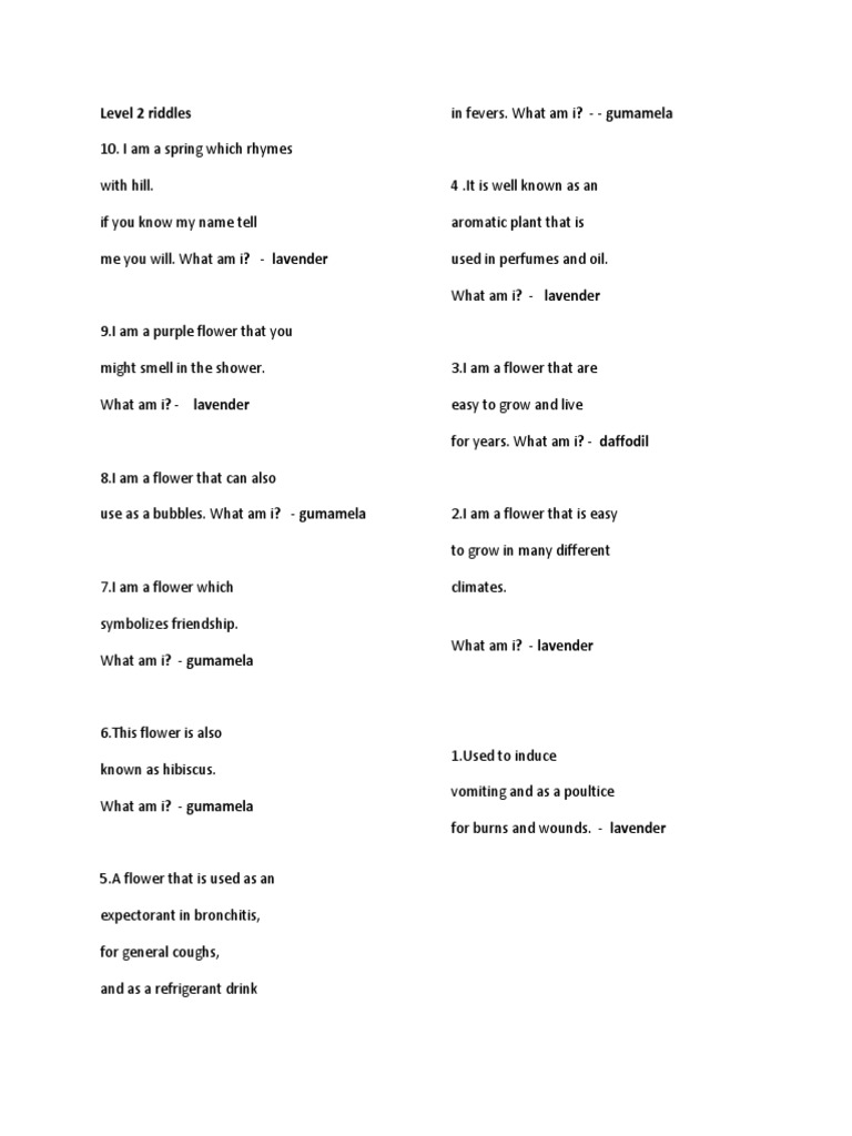 Level 2 Riddles | PDF | Language Arts & Discipline | Home & Garden