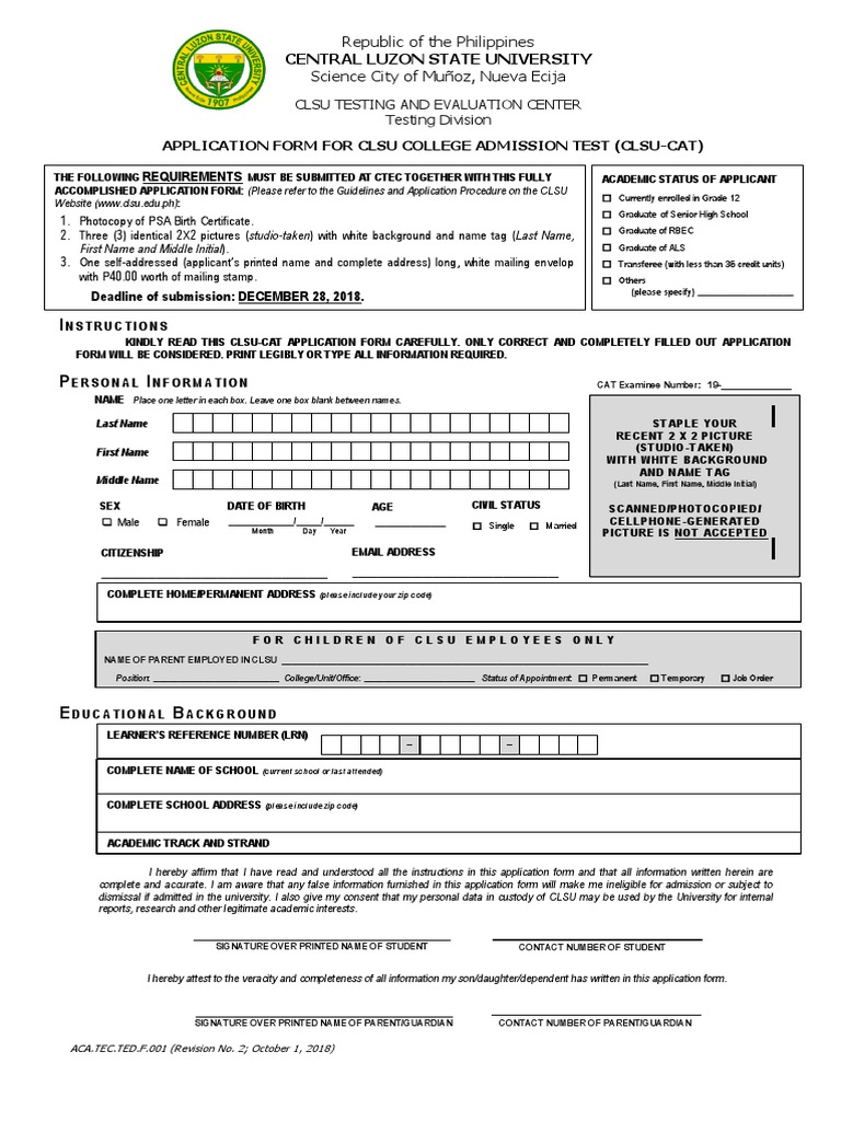 2019 Ctec Clsu-Cat Application Form PDF | PDF | Learning