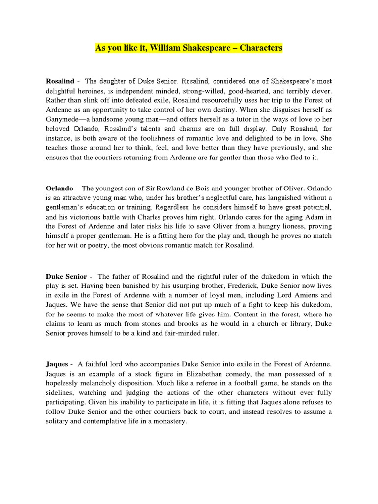 Character Profiles from William Shakespeare's As You Like It | PDF ...