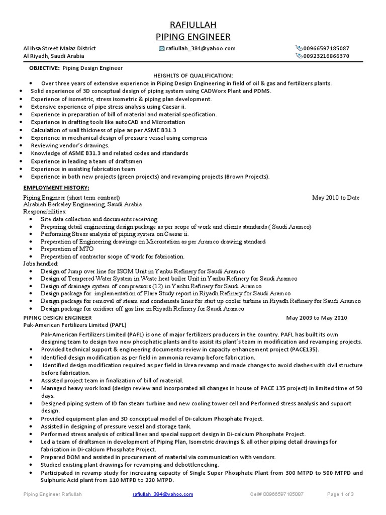 CV Piping Engineer | PDF | Steam | Engineering CV Piping Engineer | PDF | Steam | Engineering