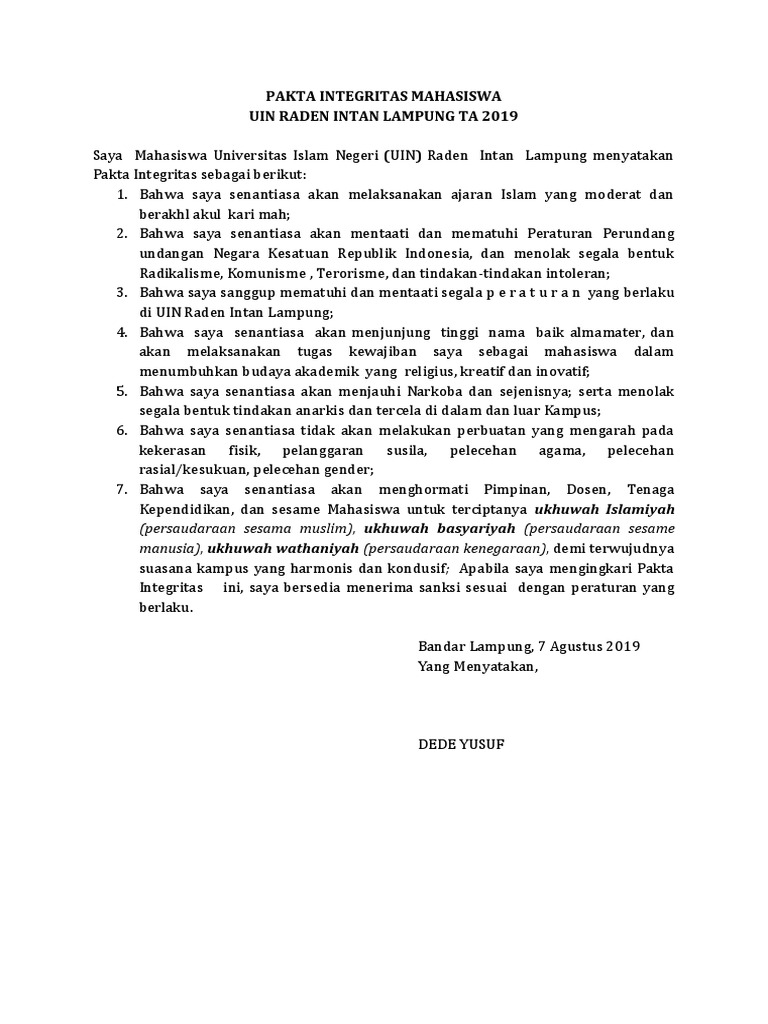 Pakta Integritas Mahasiswa | PDF