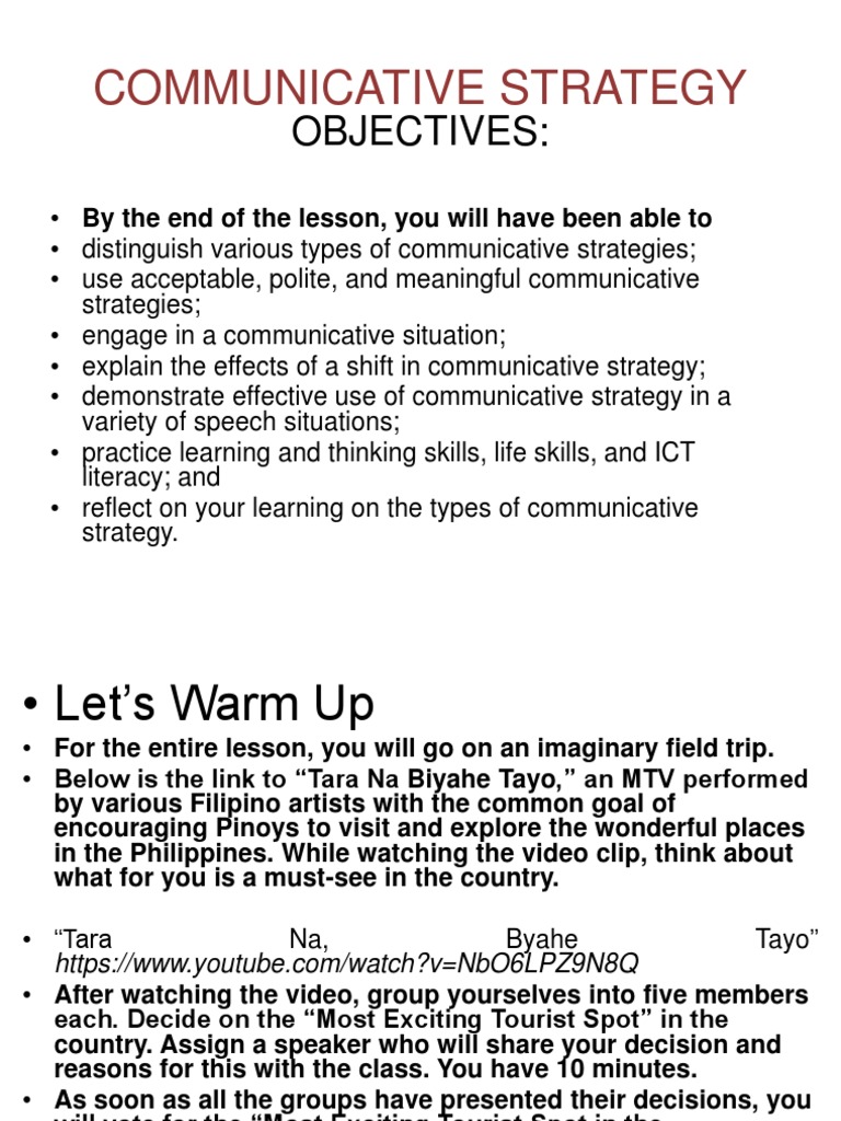 Communicative Strategy: Objectives | PDF | Conversation | Speech