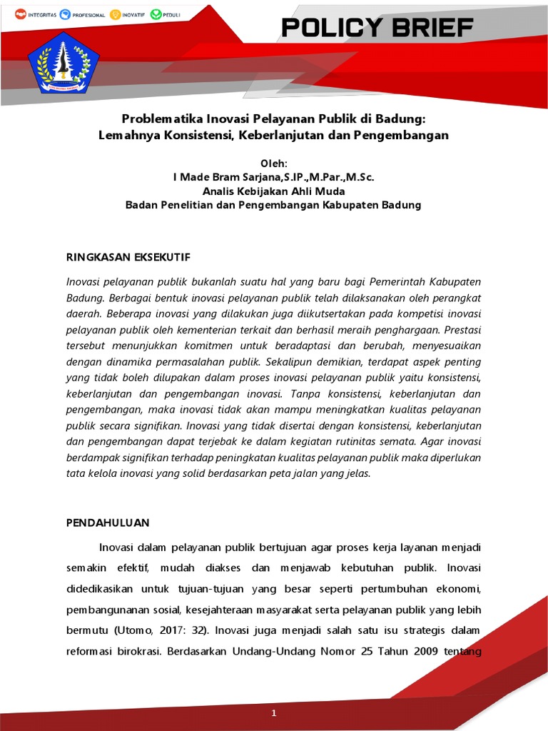 Policy Brief Inovasi Pelayanan Publik Badung | PDF