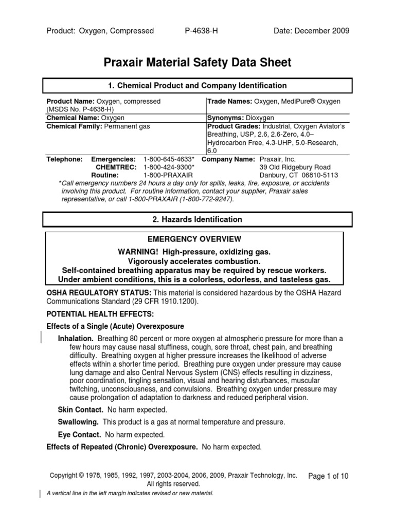 Oxygen Compressed Gas Praxair | PDF | Firefighting | Oxygen