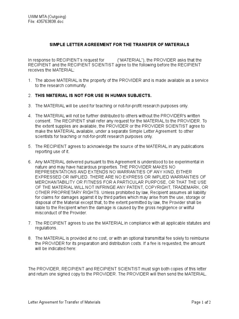 Simple Letter Agreement For The Transfer of Materials: UWM MTA ...