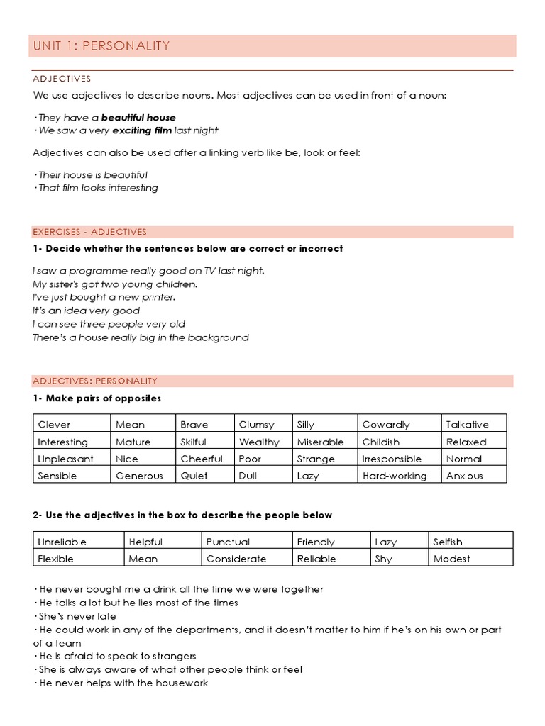 B1 Personality Adjectives Exercises | PDF | Adjective | Linguistic Typology
