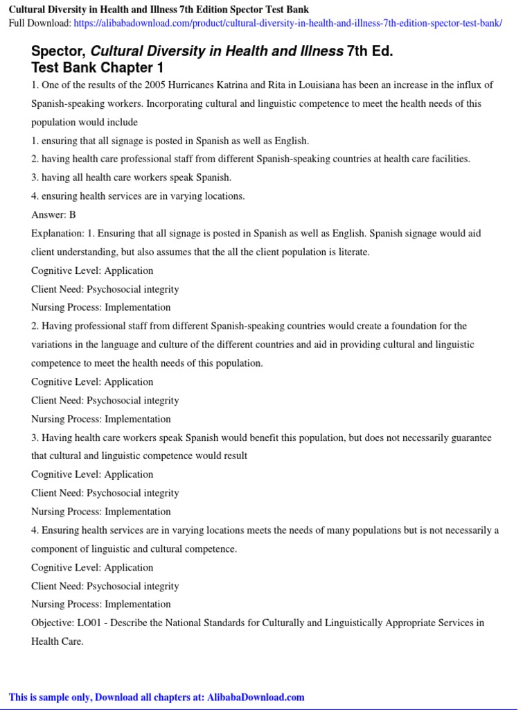 Cultural Diversity in Health and Illness 7th Edition Spector Test Bank ...