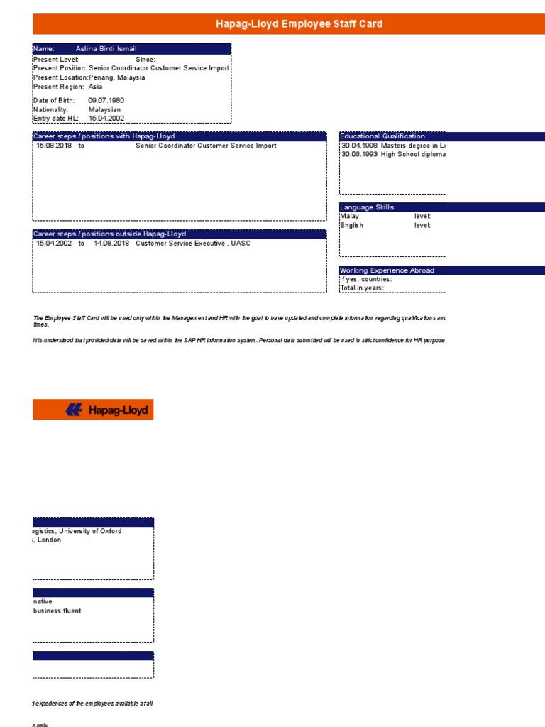 Hapag-Lloyd Employee Staff Card: Name: Aslina Binti Ismail | PDF