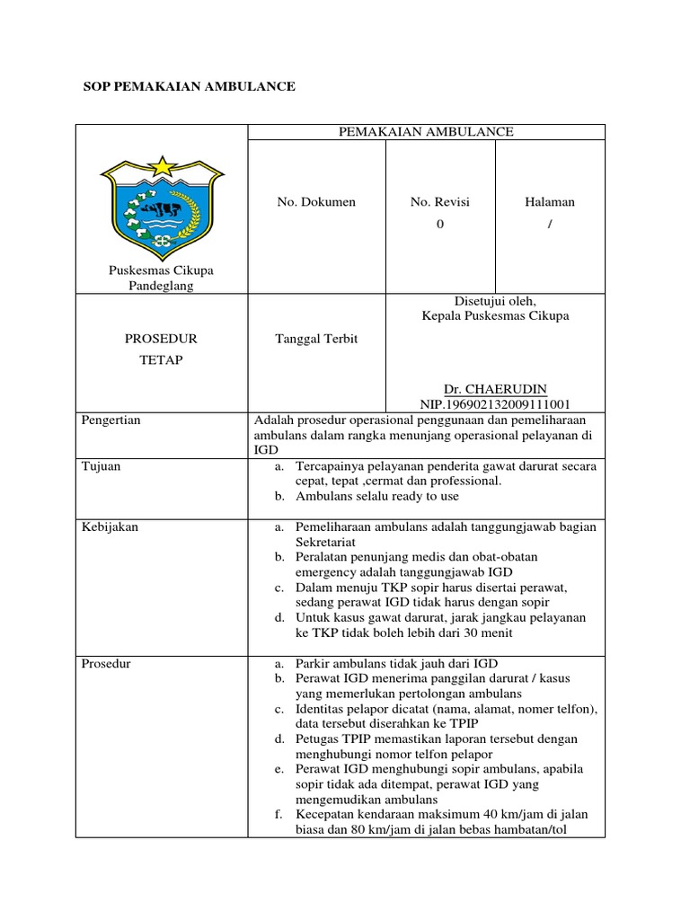 SOP Penggunaan Ambulance Puskesmas | PDF