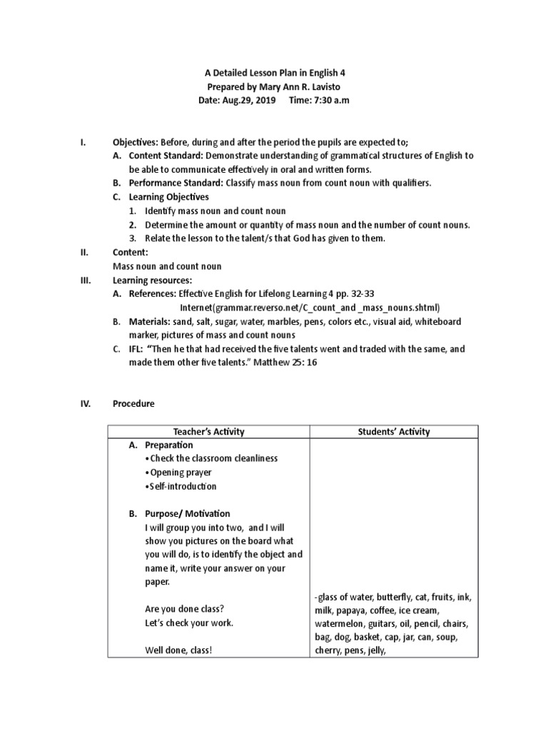 A Detailed LP in English 4 | PDF | Noun | Kilogram