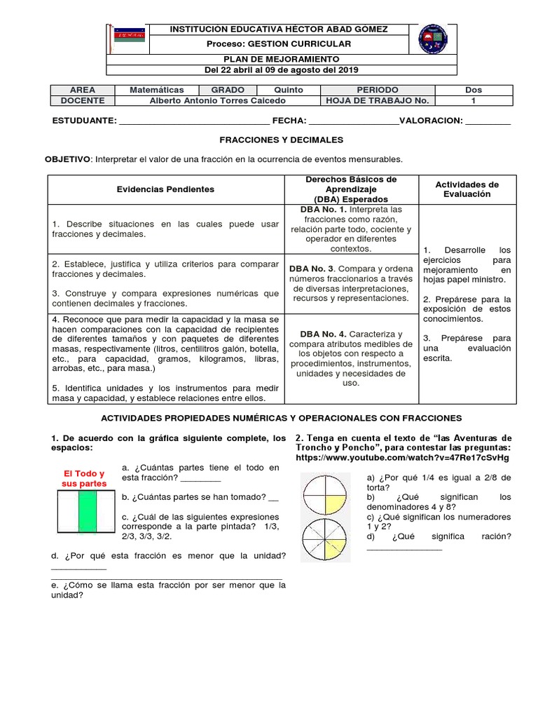 Plan De Mejoramiento De Matematicas Iip 2019 Quinto Pdf Fracción