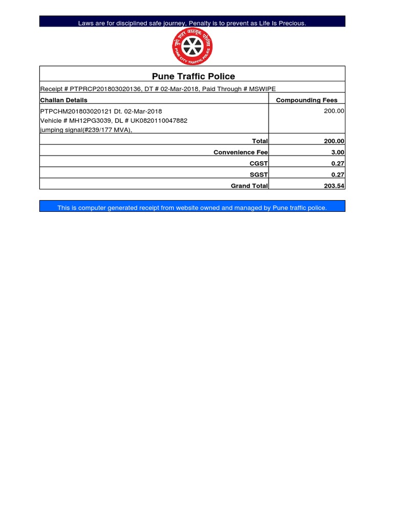 Pune Traffic Violation Receipt | PDF