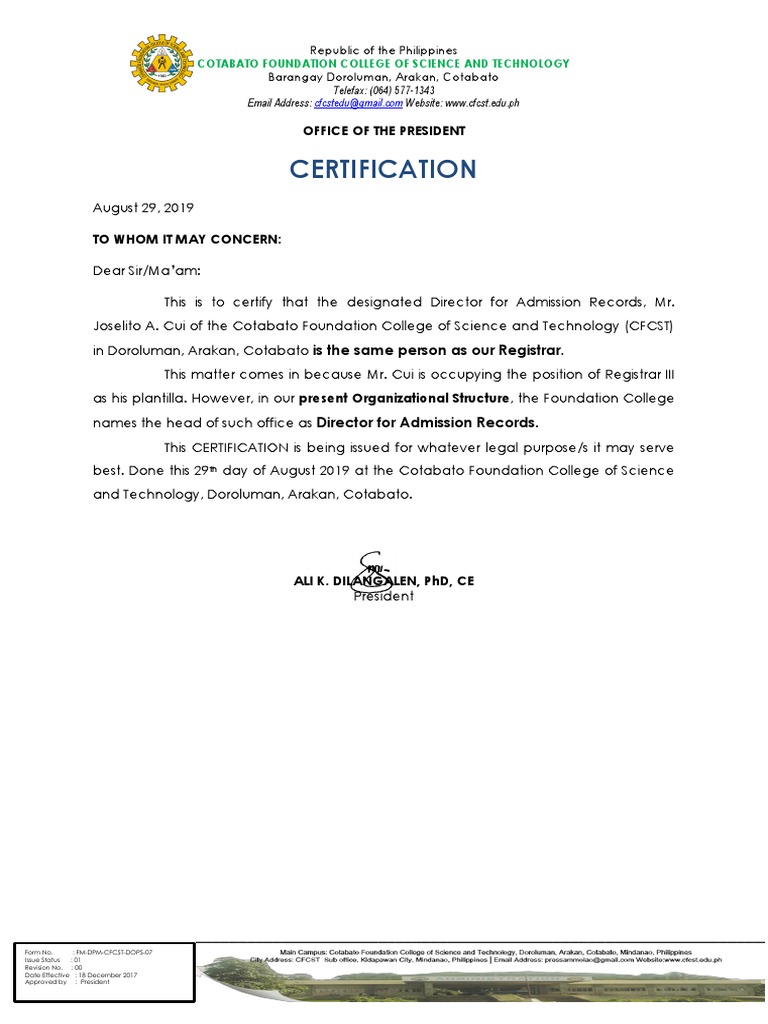 Certification For Unifast | PDF