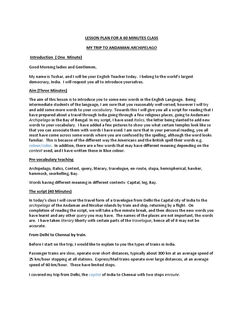 Lesson Plan For A 60 Minutes Class My Trip To Andaman Archipelago | PDF