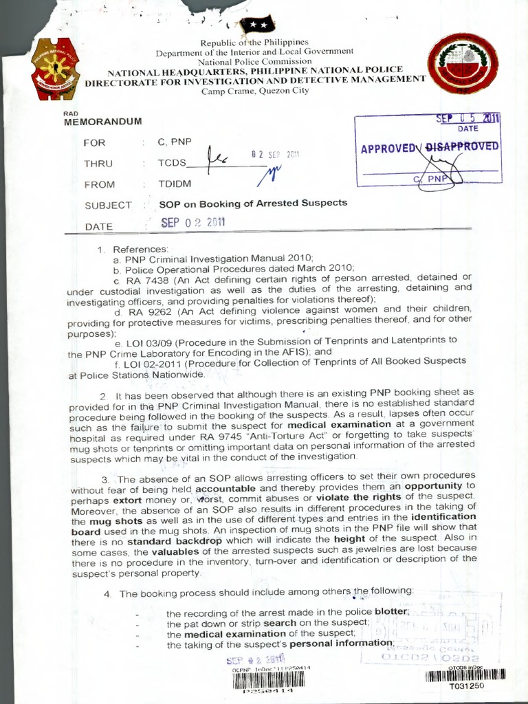 Sop On Booking of Arrested Suspects PDF | PDF