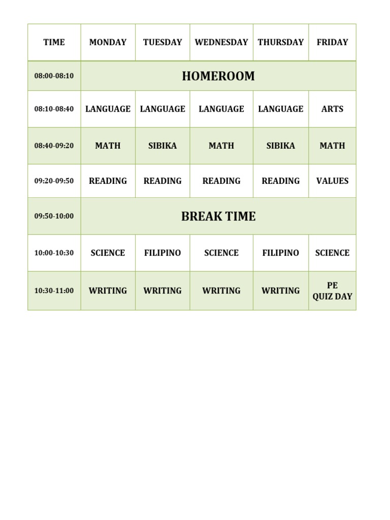 Homeroom: Time Monday Tuesday Wednesday Thursday Friday | PDF
