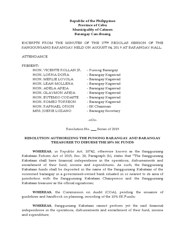 Resolution Authorizing Brgy Captain and Brgy Treas to Disburse the 10 ...