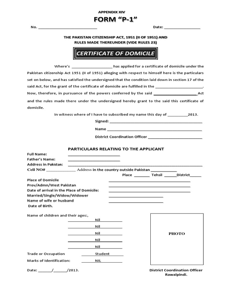 FORM "P-1": Certificate of Domicile | PDF