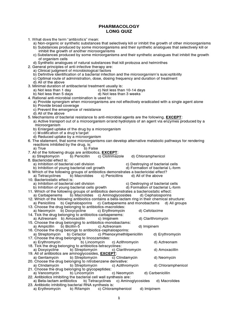 Pharmacology Quiz on Antibiotics and Antimicrobials | PDF ...