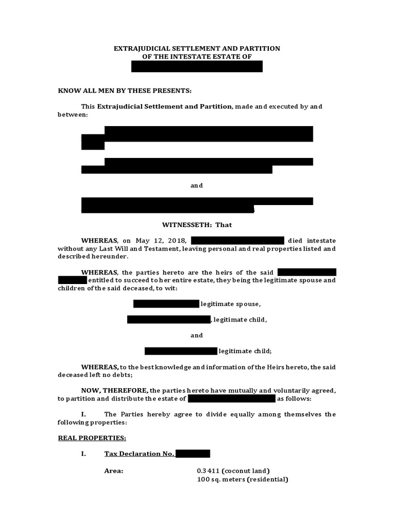 EXTRAJUDICIAL SETTLEMENT AND PARTITION - Sample | PDF | Intestacy ...
