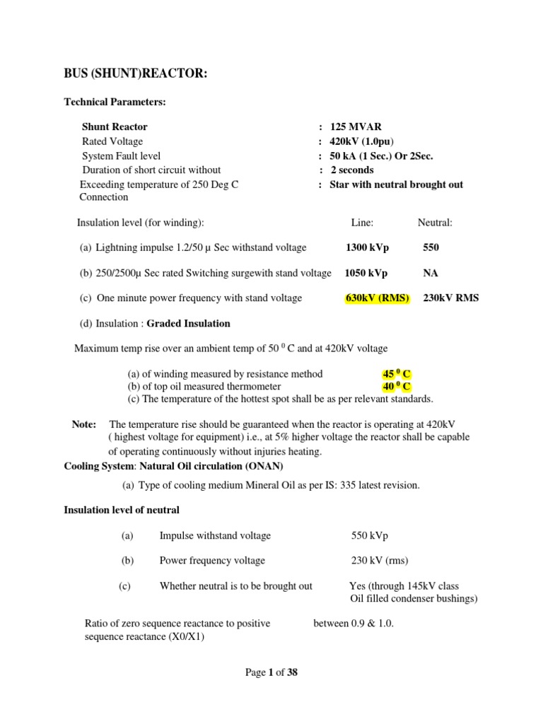 125mvar Bus Reactor Spec - Final | PDF | Insulator (Electricity) | Inductor