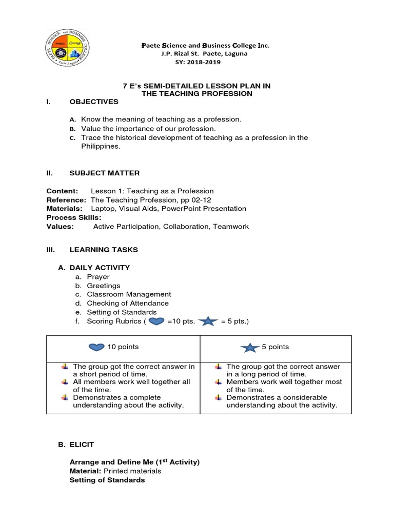 7e's Lesson Plan 224 | PDF | Lesson Plan | Profession