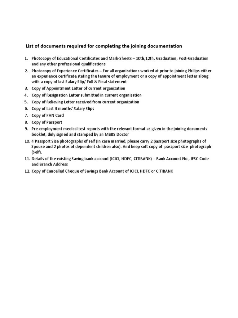 Joining Documents Checklist for New Job | PDF