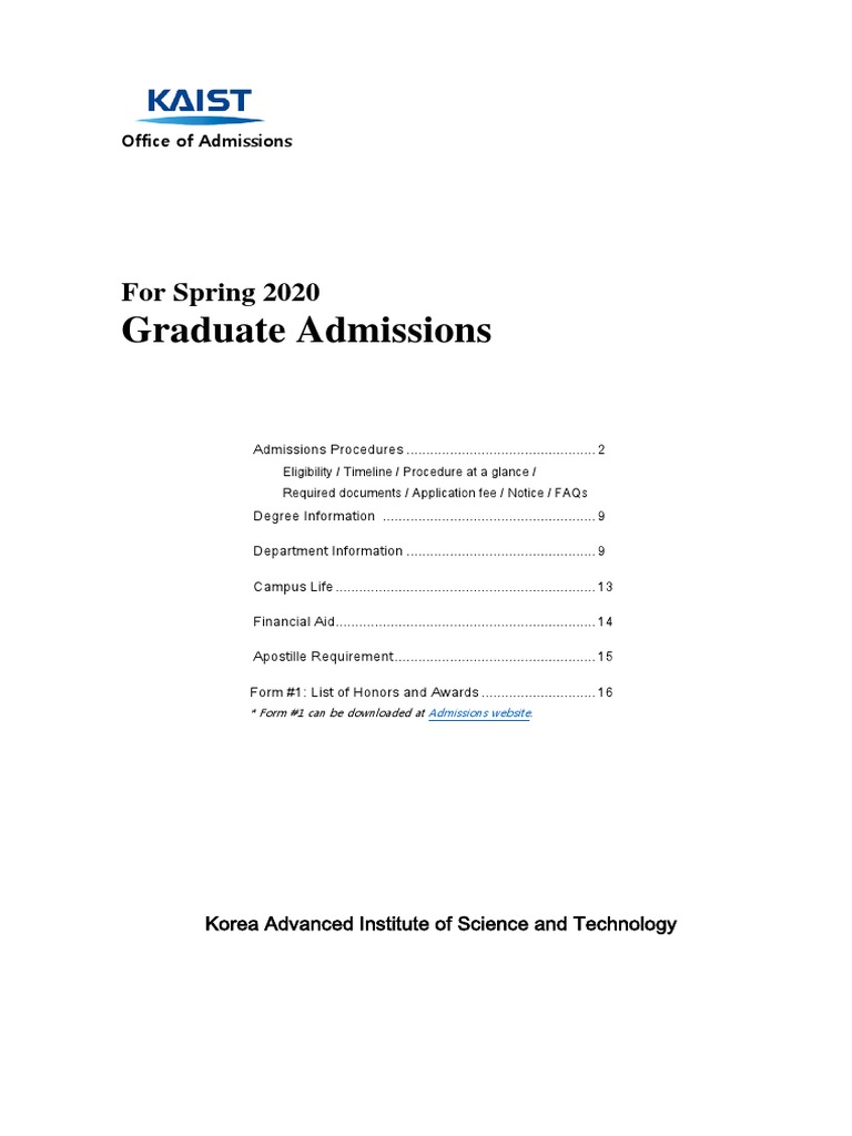 2020 Spring KAIST Graduate Admissions Guideline | PDF | University And College Admission ...