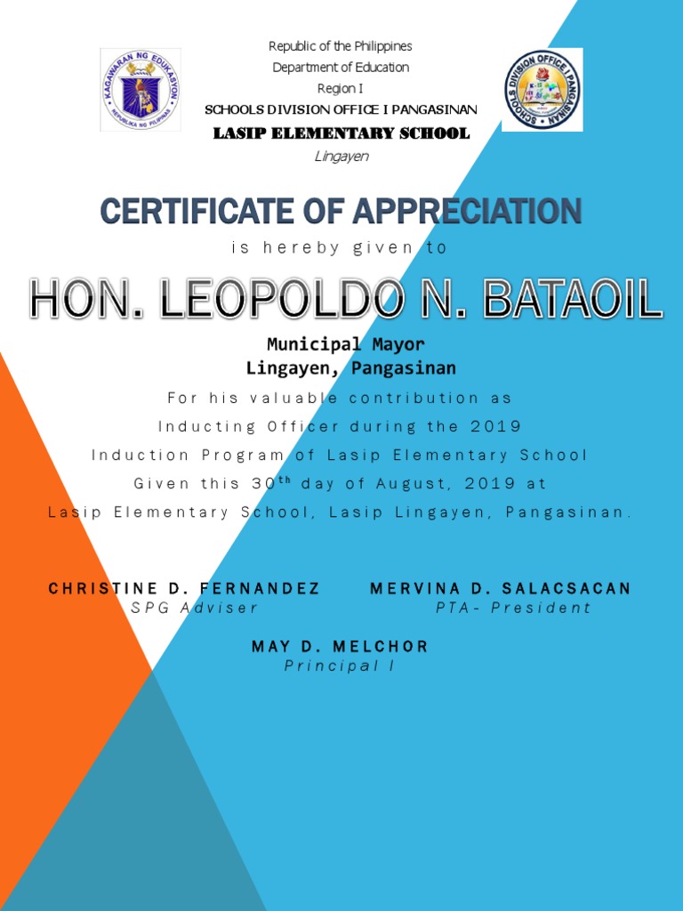 Certificate of Appreciation for Inducting Officer at Lasip Elementary ...