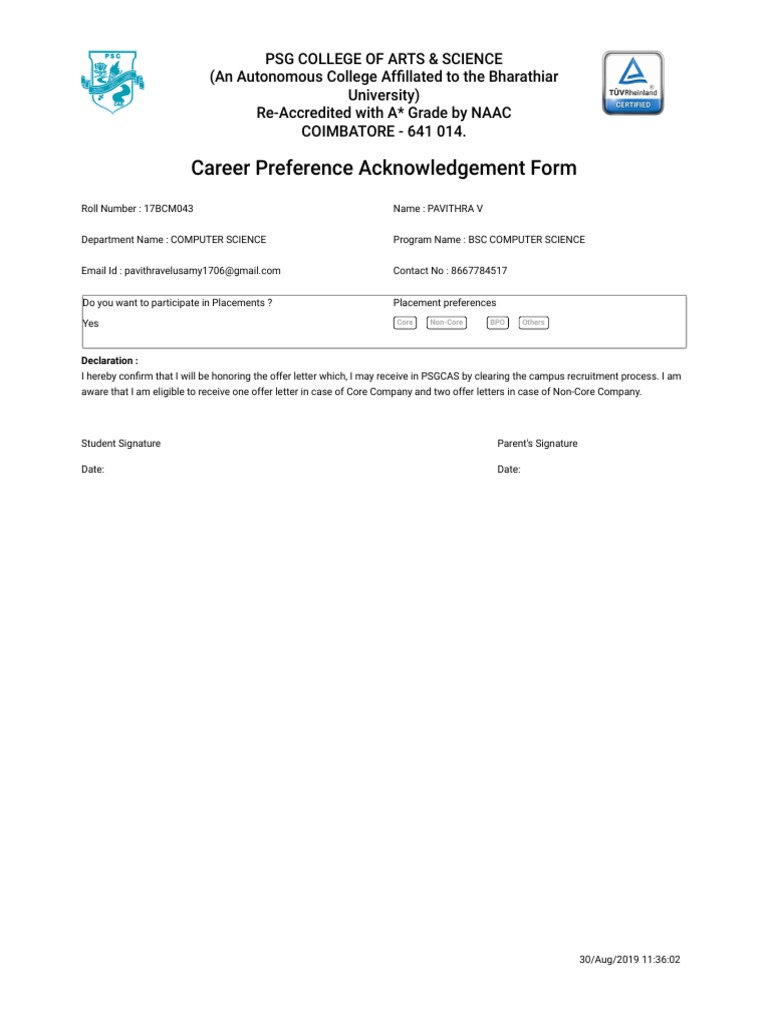 Career Preference Acknowledgement Form | PDF