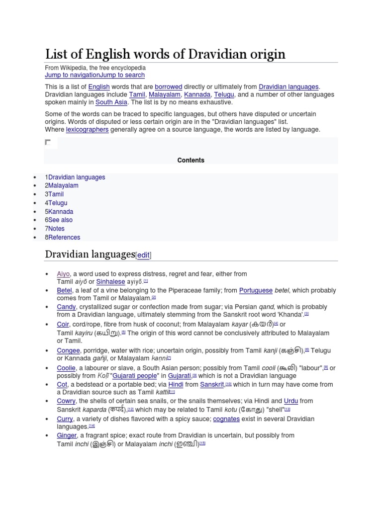 List of English Words of Dravidian Origin | PDF | Dictionary | Linguistics