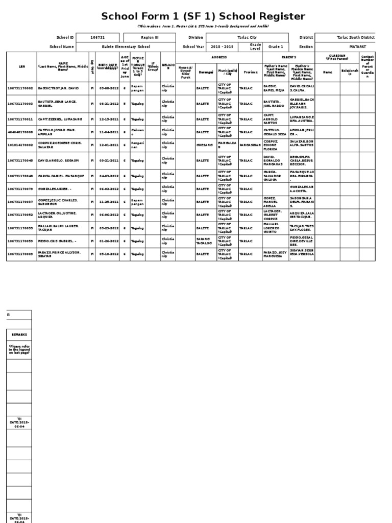 School Form 1 (SF 1) School Register | PDF | Cognitive Science