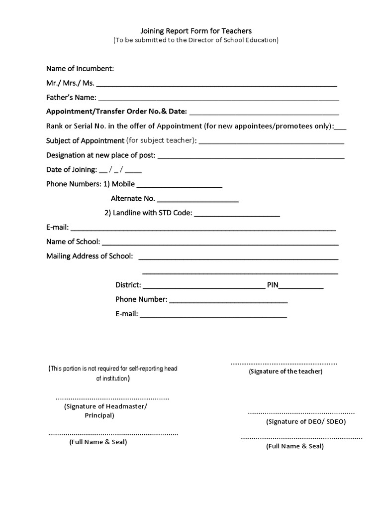 Joining Report Form For Teachers | PDF