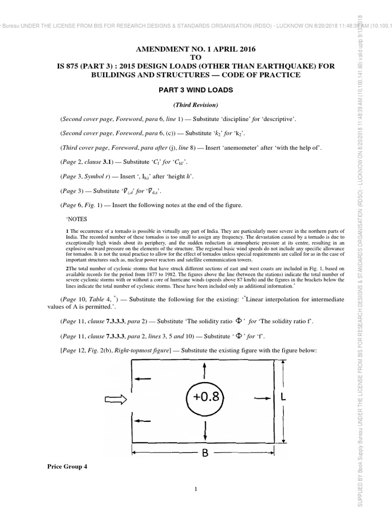 Amendment No. 1 April 2016 To Is 875 (Part 3) : 2015 Design Loads ...