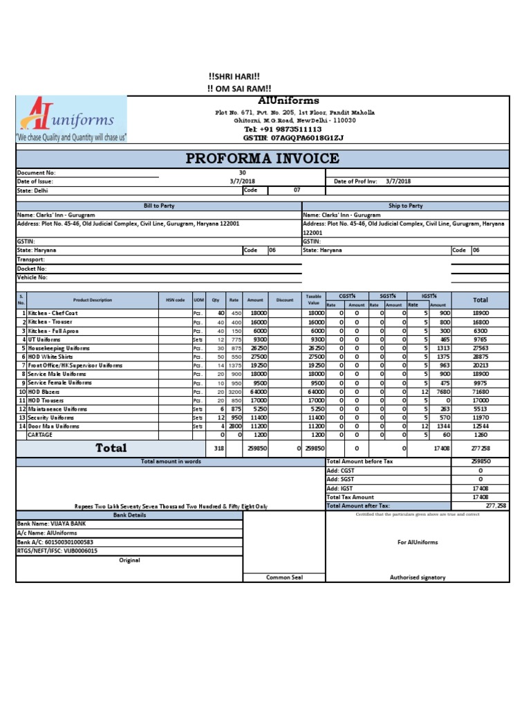 Proforma Invoice30 Dt-07!03!2018 | Clothing | Fashion
