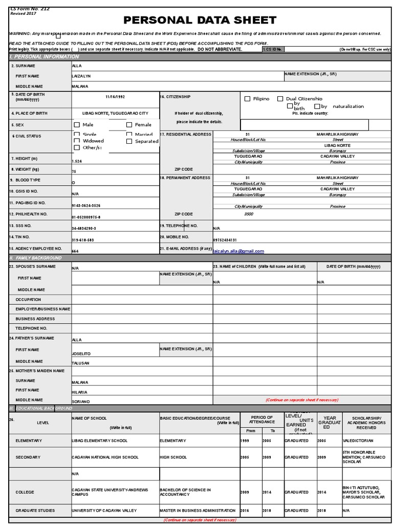 CS Form No. 212 Revised Personal Data Sheet - New | PDF | Auditor's ...