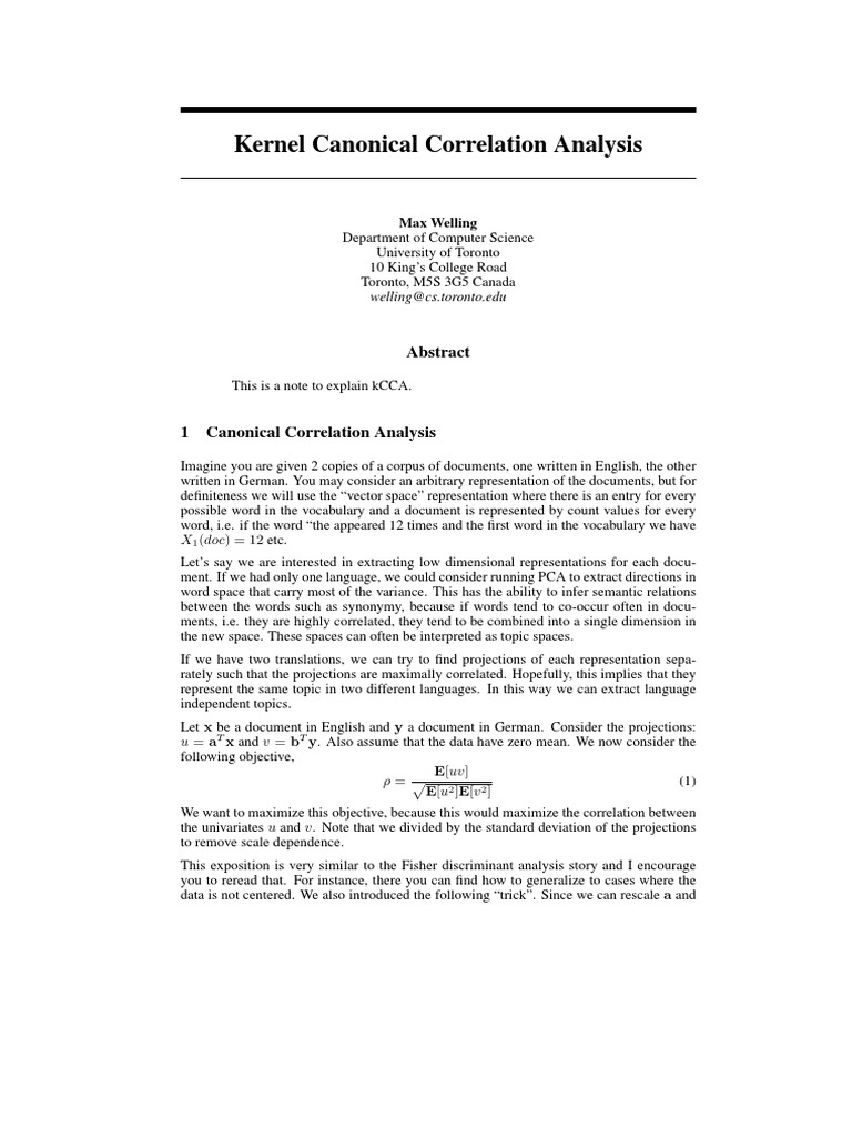 Kernel Canonical Correlation Analysis: Max Welling | PDF | Eigenvalues And Eigenvectors | Matrix ...