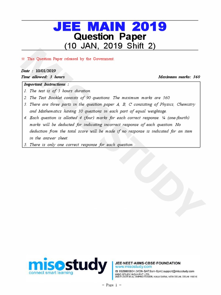 JEE Main 2019 Question Paper 10 Jan 2019 Shift 2 by Govt | PDF ...