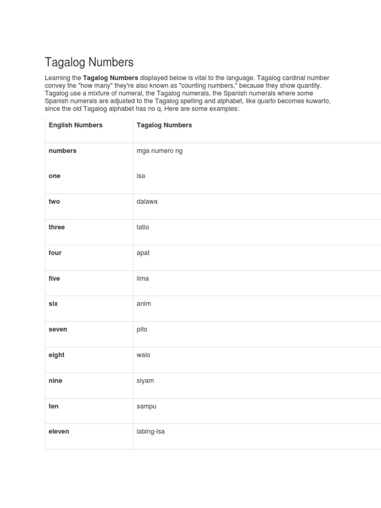 Tagalog Numbers | PDF | Tagalog Language | Notation