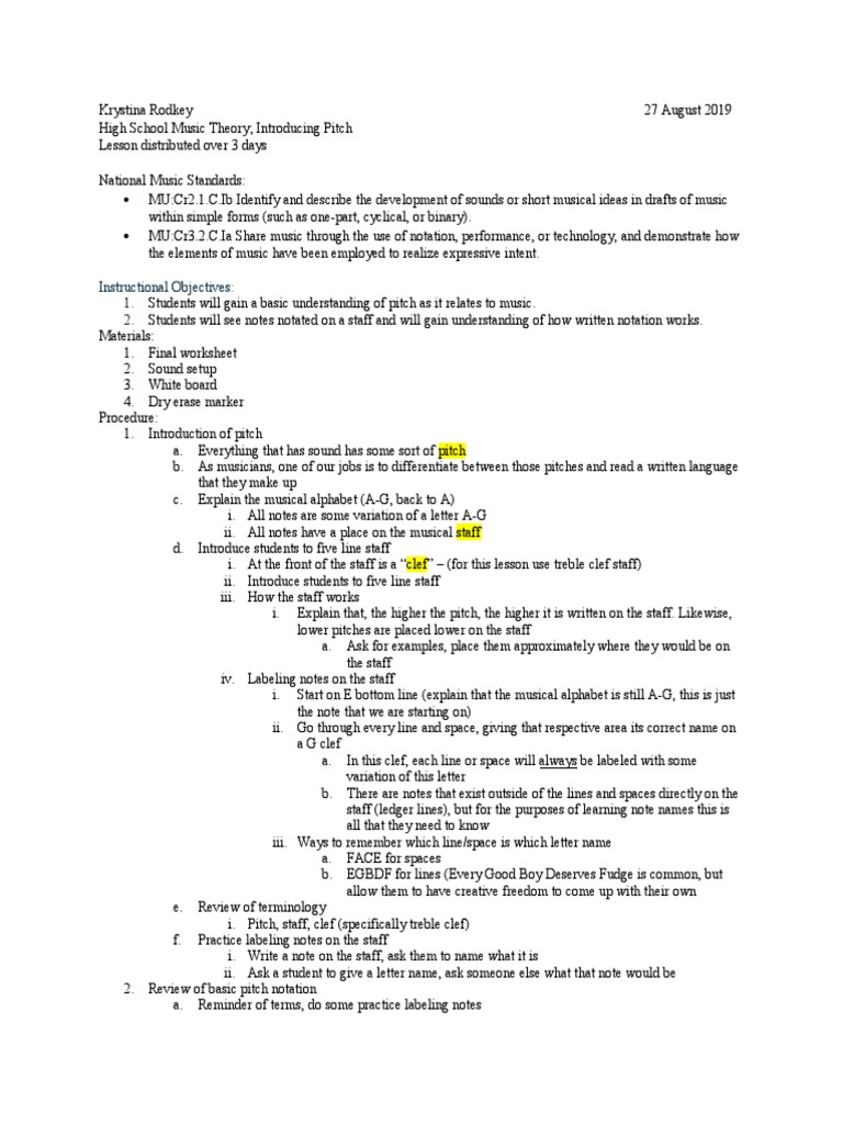 Introduction To Pitch Lesson Plan | PDF | Musical Notation | Music Theory