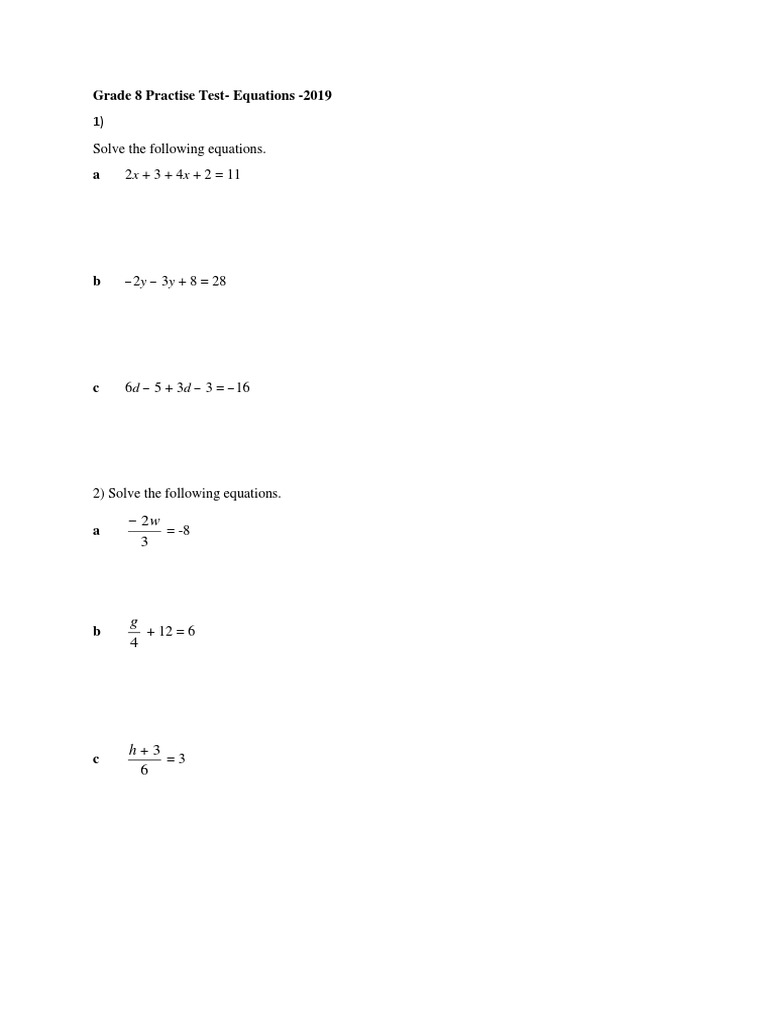 Grade 8 Equations Practise Test 2019 | PDF
