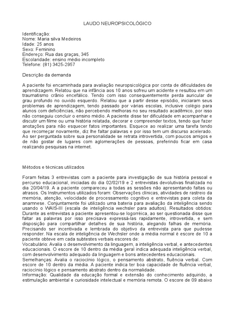 Laudo Neuropsicologico Wais III | PDF | Quociente de inteligência | Neuropsicologia