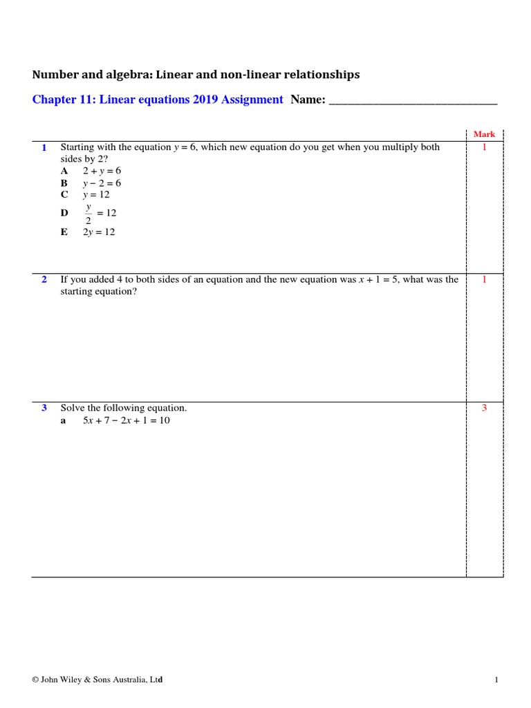 Year 8AC Equations Assignment 2019 | PDF | Nonlinear System | Equations