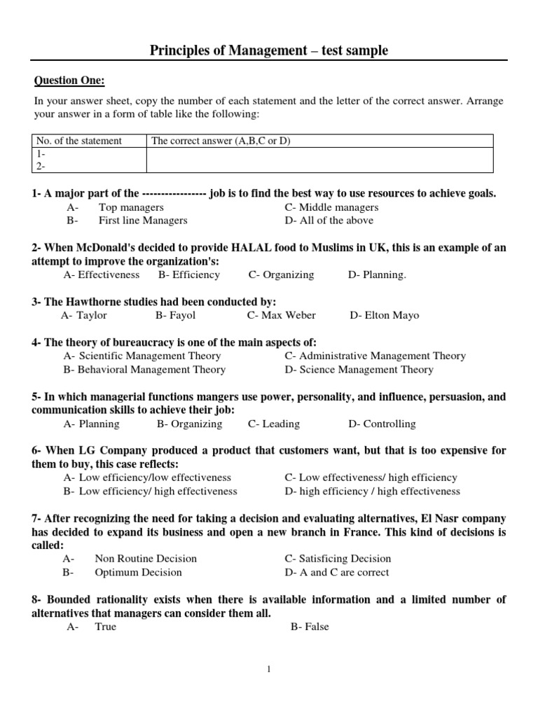 Principles of Management - Test Sample: No. of The Statement The ...