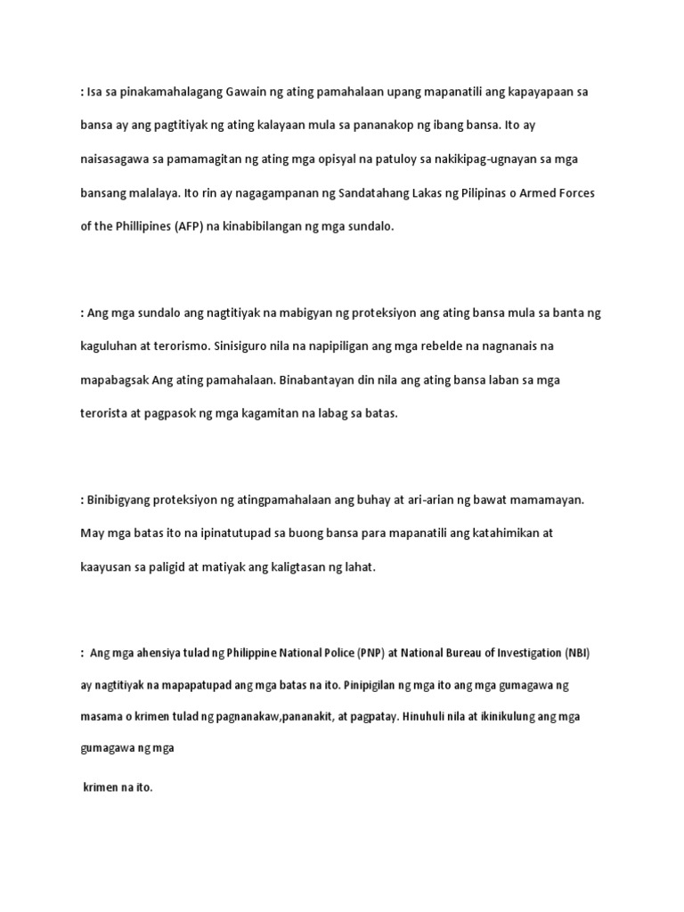 Isa Sa Pinakamahalagang Gawain NG Ating Pamahalaan Upang Mapanatili Ang Kapayapaan Sa Bansa Ay ...