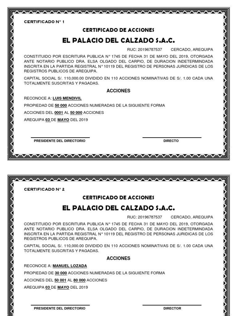 Ejemplo De Certificado De Acciones Ejemplo Para Diligenciar El Libro