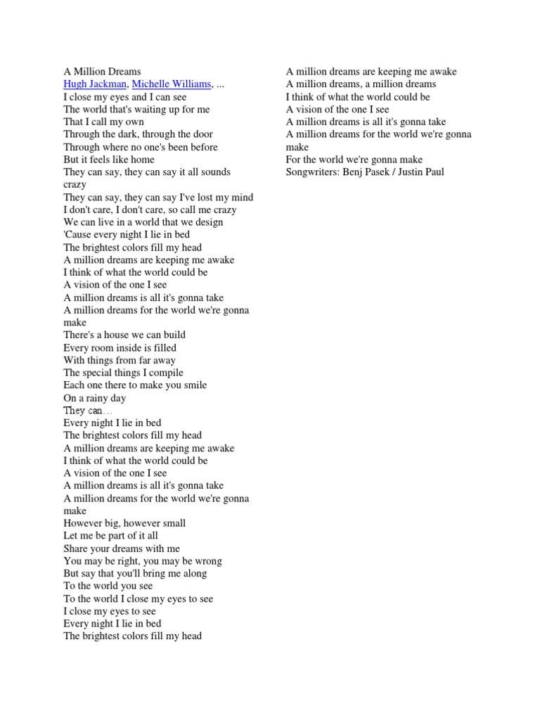 A Million Dreams Lyrics | PDF